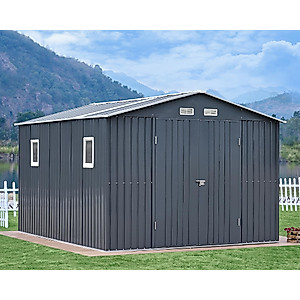 VanAcc 10x12x7.5 FT Outdoor Storage Shed, Metal shed with 2 Clear Panels Hinged Double Doors 4 Vents, Outdoor Shed for Backyard, Garden, Patio, Dark Grey/White