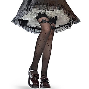 Womens Sexy Sheer Silk Thigh High Stockings Lace Top 20D Nylon Thin Long Socks Shimmery Transparent Stay Up Pantyhose Tights, Black Bow Dot, One size