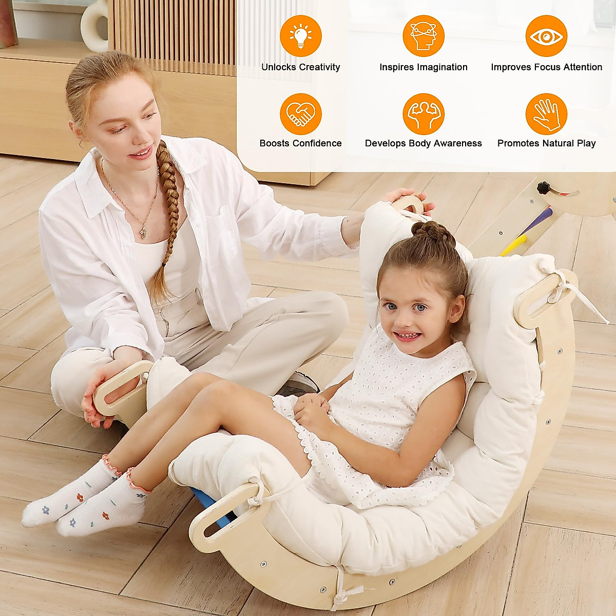 Ymonlia 2 in 1 Montessori Climbing Arch for Toddlers,Rainbow Wooden Climbing Arch Rocker& Cushion,Pillow for Arches，Climbing Triangle Ramp,Montessori Climbing Gym for Kids 0-8