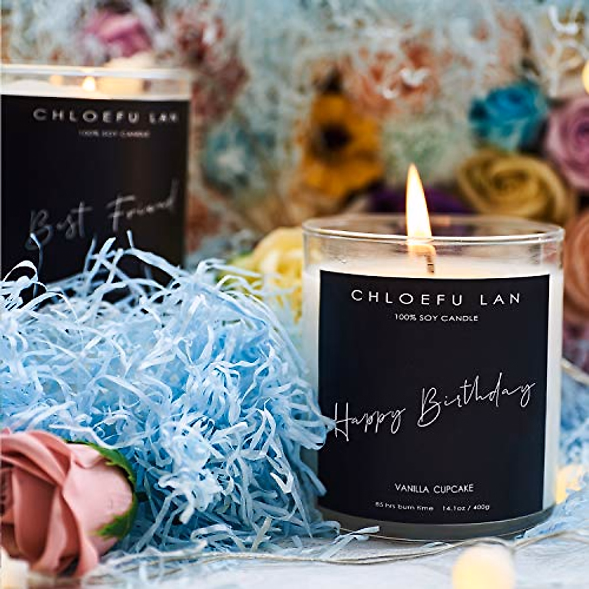 Chloefu LAN Happy Birthday Vanilla Cupcake Sugar Sweet Scented Soy Wax Candle for Home | 14.1 oz Clear Glass Jar, 100 Hour Burn Time Highly Scented & Long Lasting Burning All-Natural Organic Candle