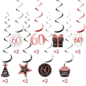 Blulu Birthday Party Decorations, Birthday Party Rose Gold Hanging Swirls Ceiling Decorations Shiny Foil Swirls for Birthday Decorations Supplies 30 Count (60 Style)