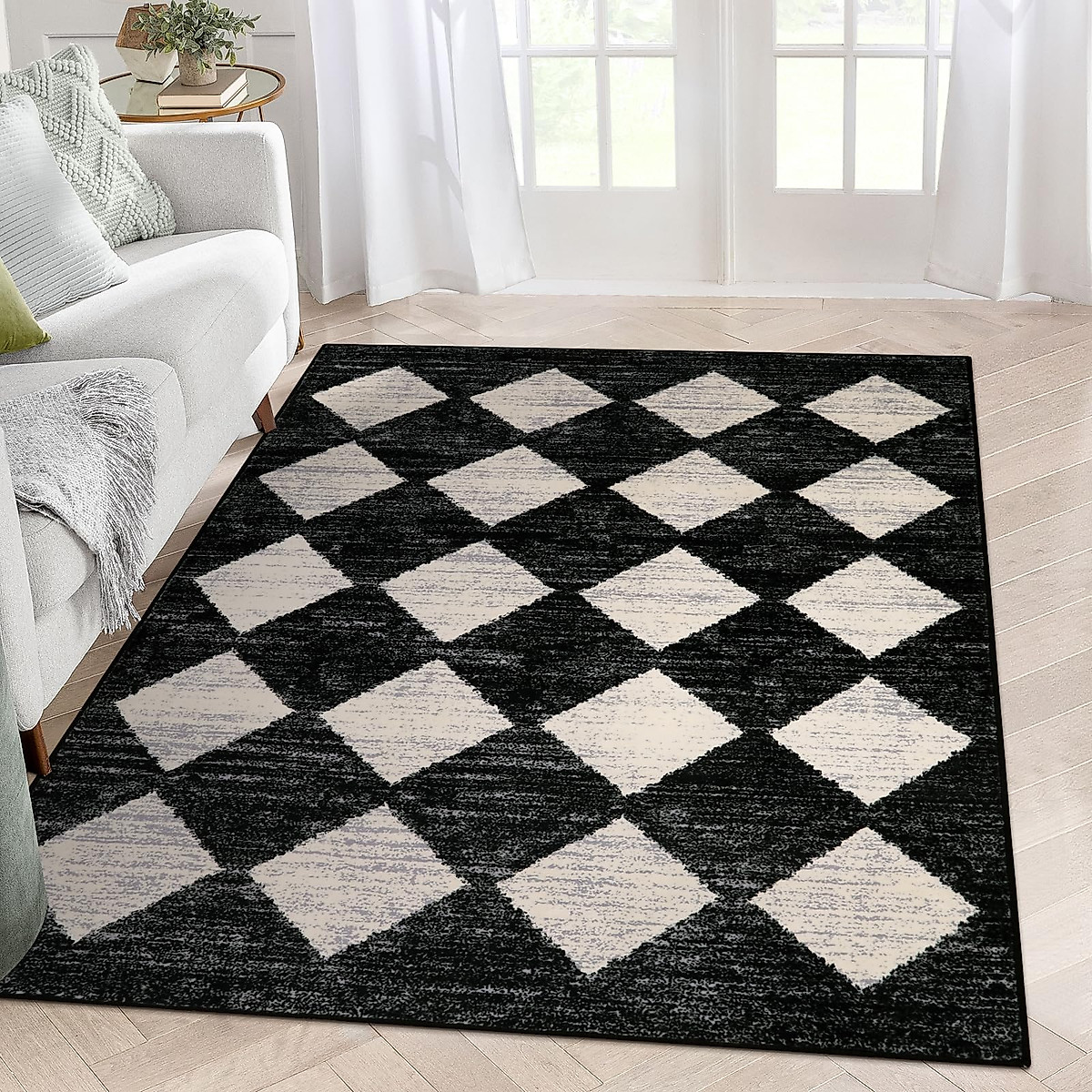 Lahome Moroccan Trellis Area Rug - 5x7 Black Washable Large Rugs for Bedroom Living Room Mat, Checkered Soft Non Slip Stain Resistance Indoor Accent Carpet for Dining Room Coffee Table