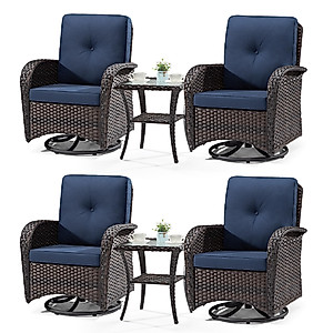 MeetLeisure Patio Swivel Glider Wicker Chairs - Outdoor Swivel Rocking Chairs Set of 4 with 2 Wicker Side Tables, Patio Swivel Rocker Chair 6 Piece Patio Furniture Sets(Brown/Blue)