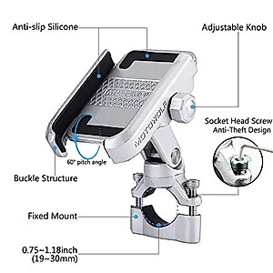 2022 vicelecus Motorcycle Phone Mount, Adjustable Anti Shake Metal Bike Phone Holder for iPhone 13 Plus Samsung Galaxy S21 S20 S10 GPS Silver