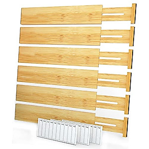 SpaceAid Bamboo Drawer Dividers with Labels, Kitchen Adjustable Drawer Organizers, Expandable Organization for Home, Office, Dressers and Bathroom, 6 Dividers (13.25-17 in)