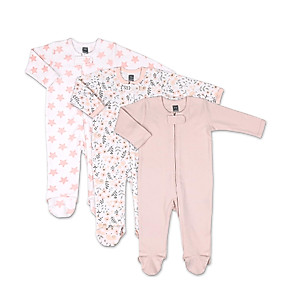 The Peanutshell Baby Sleepers for Girls Set of 3-0-3 Months Baby Clothes, Soft Cotton Girl Footed Pajamas, Newborns & Infants Clothes Gift Set - Flower Pink