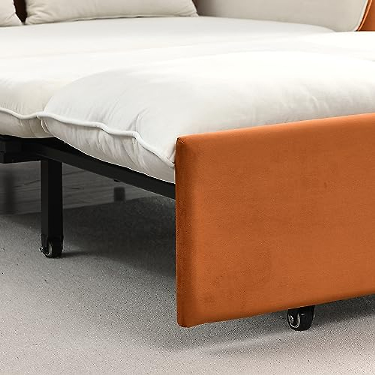 ERYE 3-in-1 Upholstered Futon Loveseat Convertible Sleeper Bed,2-Seaters Sofa & Couch Soft Cushions Love Seat Daybed for Small Space Living Room Napping,White Orange 3 Fold w/Pockets