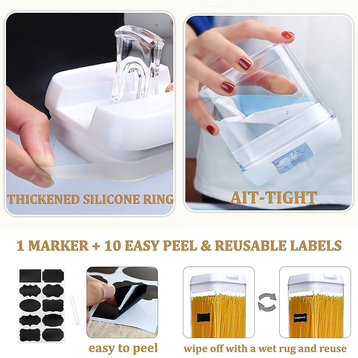 Hanobe Pasta Storage Containers for Pantry: Large Spaghetti Noodle Canister 4 Pcs White Kitchen Cabinet Organization with Easy Lock Lids Plastic BPA Free with Labels Marker