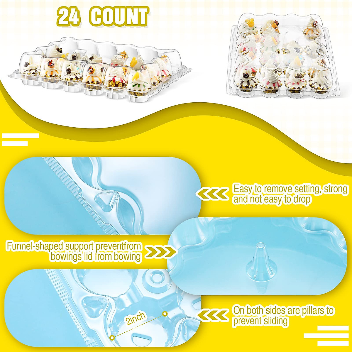 24 Pack Mini Cupcake Containers, 24 Count, Disposable Plastic Small Cupcake Boxes Bulk, High Dome Lid Cupcake Holder Cupcake Carriers for Transporting Small Cupcakes with Tall Icing