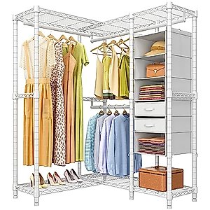 VIPEK L6E Garment Rack for Hanging Clothes Heavy Duty Clothes Rack with Shelves, L Shaped Clothing Rack Portable Corner Closet Metal Freestanding Wardrobe with Drawers, Max Load 715 LBS, White