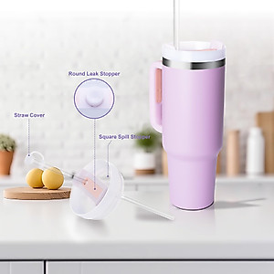 2 Pack Stanley Lid Replacement 40 oz Tumbler with Handle for Stanley Cup 2.0 Version - 6 Pcs Extra Long Reusable Straws & H2.0 Silicone Spill Proof Stopper - Spill Resistant Covers 3 Set (Beige)