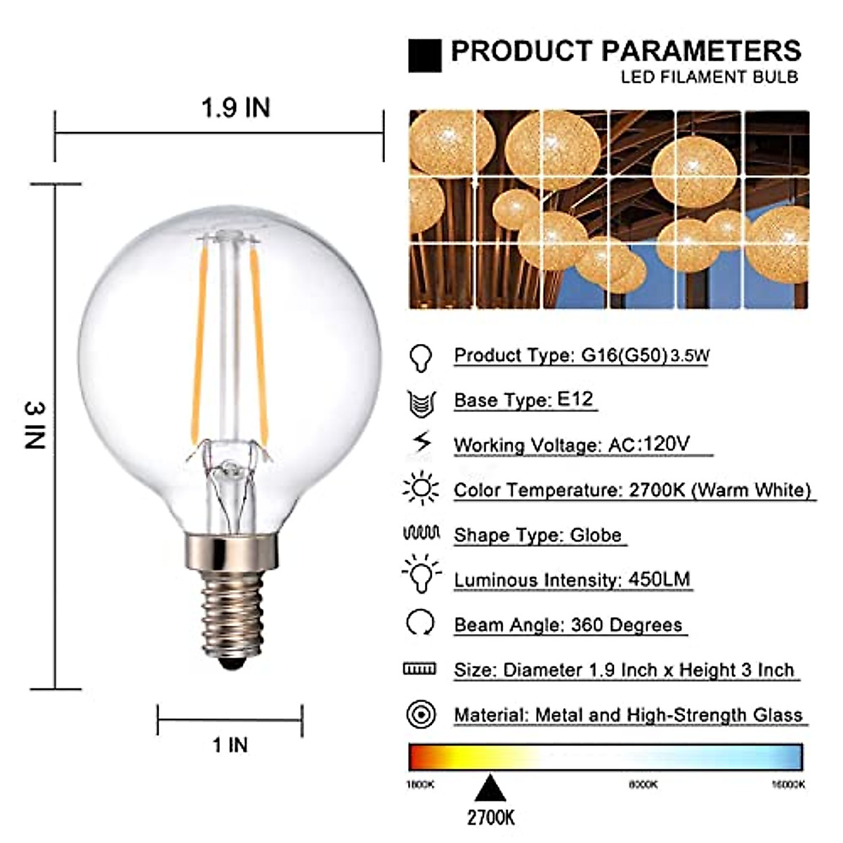 MRDENG Candelabra Led Light Bulbs G16.5 for Chandelier,Ceiling Fan,E12 Led Bulb Dimmable 40 Watt Equivalent,350Lumens,120 Volts,2700K Warm White,6 Pack