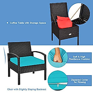 HAPPYGRILL 3-Piece Patio Furniture Set Rattan Wicker Sofa Set with Removable Cushion and Coffee Table with Storage Space, Conversation Bistro Sofa Chairs Set for Garden Poolside Balcony, Turquoise