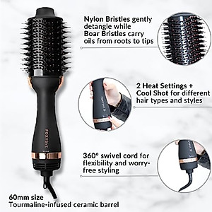 FoxyBae Hair Dryer Brush - 60mm, Rose Gold-Black, Ceramic, Tourmaline, for All Hair Types, Salon-Grade, with Nylon and Boar Bristles, Hot Air Brush and Volumizer in One, 3 Temperature Settings