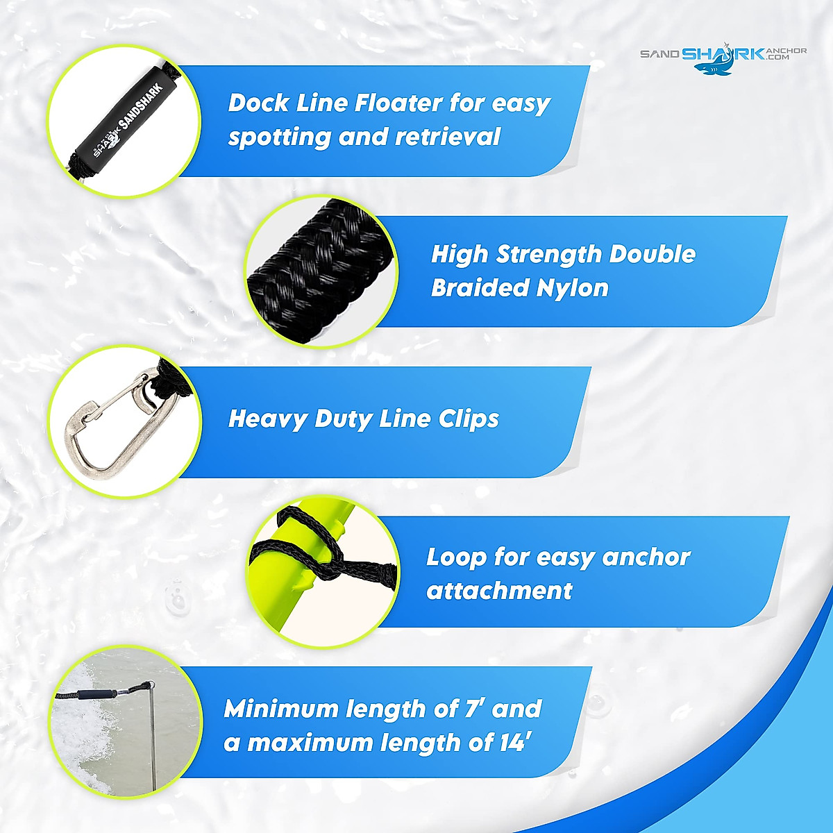 SandShark 7-14ft Premium Anchor Bungee Dock Line. Boat Accessories Bungee Anchor Line Absorbs Shock to Anchors and Docks w/Stainless Steel Clip. Designed for SandShark Anchor.