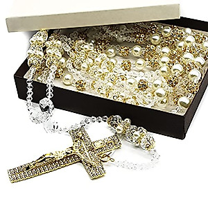 Cana Collection Wedding Lasso Rosary Lazo de Bodas Handcrafted Lasso, Great Wedding Gift Beautiful Christian Catholic Wedding Tradition for Brides and Grooms,Pearl Beads and Crystals Gold