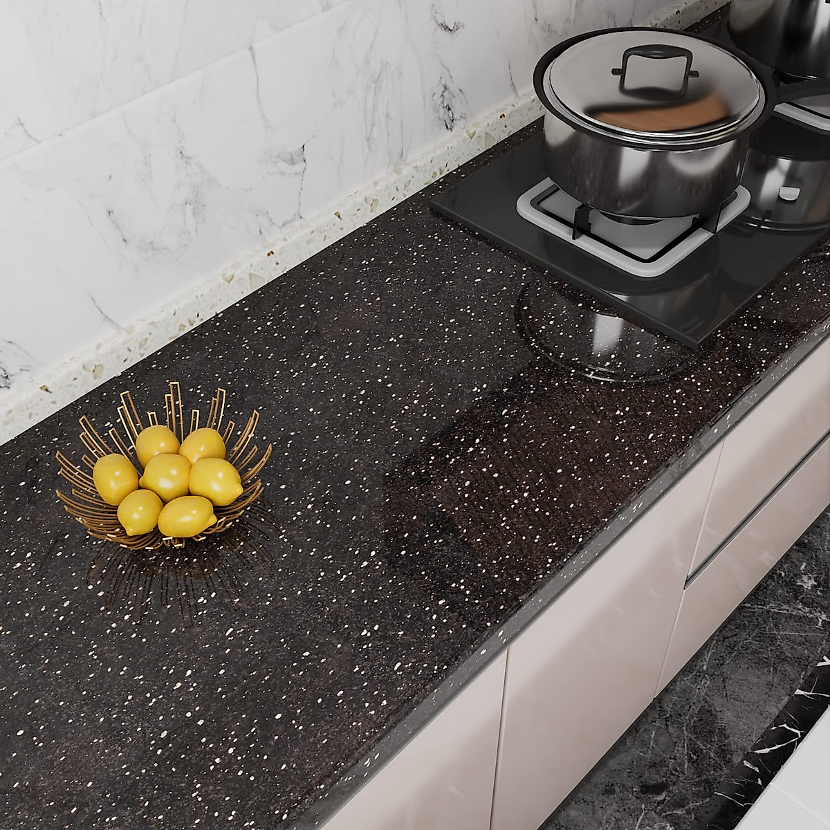 YENHOME Contact Paper Countertops Vinyl Peel and Stick Waterproof Contact Paper for Kitchen Bathroom Countertops 17.7"X200" Galaxy Black Granite Contact Paper Peel and Stick Adhesive Countertop Cover