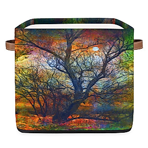 Aglebo Abstract Vintage Tree Storage Basket Collapsible Fabric Storage Box 13x13x13 Inches Square Cube Storage Bins with Handles for Home Living Room Closet Shelf Office Bedroom