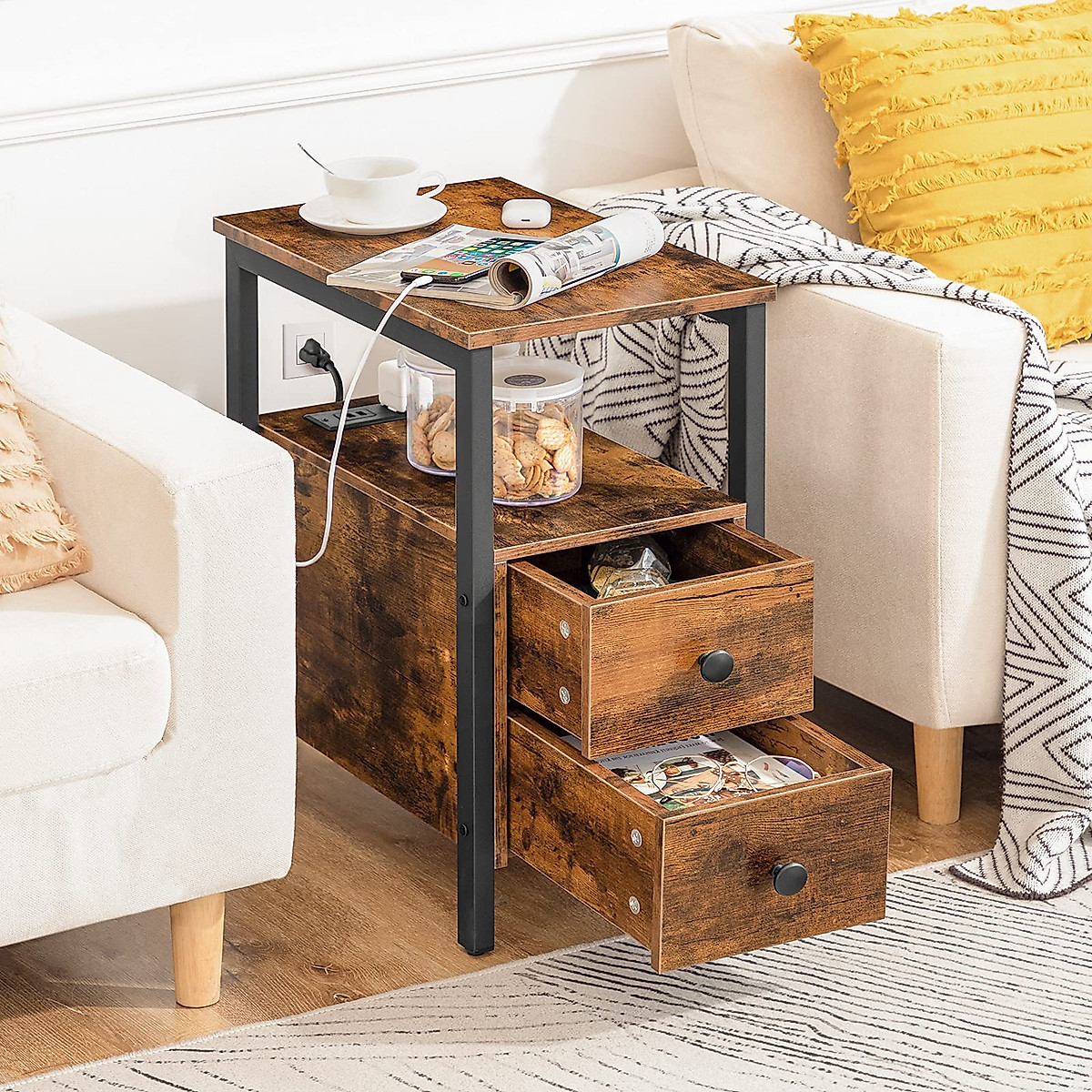 HOOBRO End Table with Charging Station, Narrow Side Table with 2 Drawer & USB Ports & Power Outlets, Nightstand for Small Spaces, for Living Room, Bedroom, Rustic Brown and Black BF541BZ01