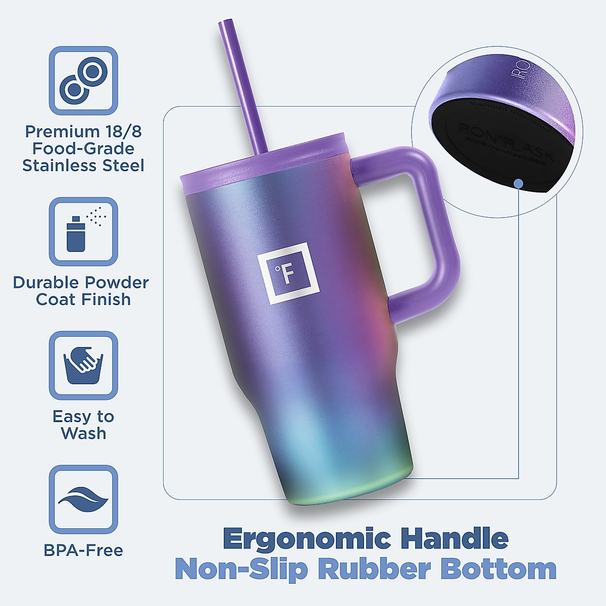 IRON °FLASK Co-Pilot Insulated Mug w/Straw & Flip Cap Lids - Cup Holder Bottle for Hot, Cold Drink - Leak-Proof - Water, Coffee Portable Travel Mug - Cobalt Blue, 16 Oz