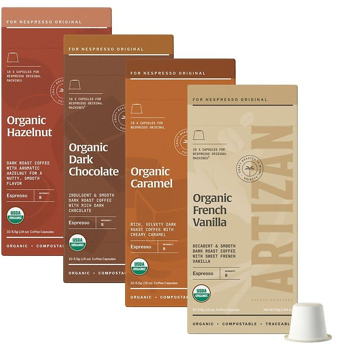 Artizan Coffee USDA Organic Espresso Coffee Capsules For Nespresso Original | Flavors Variety | 40 Compatible Compostable Pods