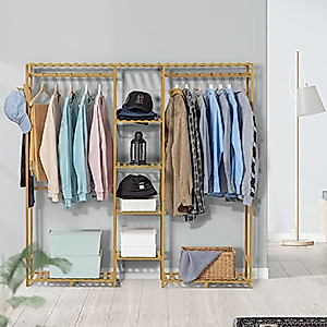 MoNiBloom Bamboo Clothes Rack with Double Rods and Storage Shelves Free Standing Open Wardrobe Rack for Hanging Clothes and Storage for Bedroom Living Room, Natural