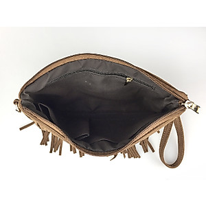 HOXIS Fringe Cross Body Bag Womens Small Shoulder Bag Top Zip Wristlet Brown