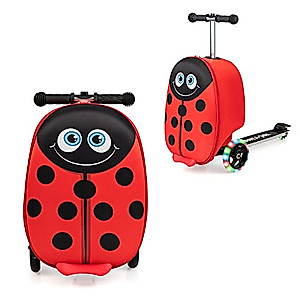 HONEY JOY Kids Scooter Suitcase, 18” Children Carry on Scooter Luggage w/Light-up LED Wheels, Waterproof Shell & Retractable Handle, Lightweight Foldable Ride on Suitcase for Kids Boys Girls(Red)