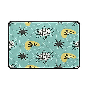 MUKJHOI Door Mat 24x16 Inch Sponge Velvet Surface Area Rug Non-Slip Kitchen Indoor Floor Runner Rugs for Home Decor Bedroom Living Dining RoomMid Century Modern Geometric Atom