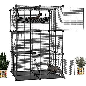 IKARE Cat Cage DIY Indoor Pet Home Small Animal House Detachable Playpen with 3 Doors 3 Tiers for Kitten Puppy Bunny Exercise. (Black，27.6 x 27.6 x 41.3Inch)