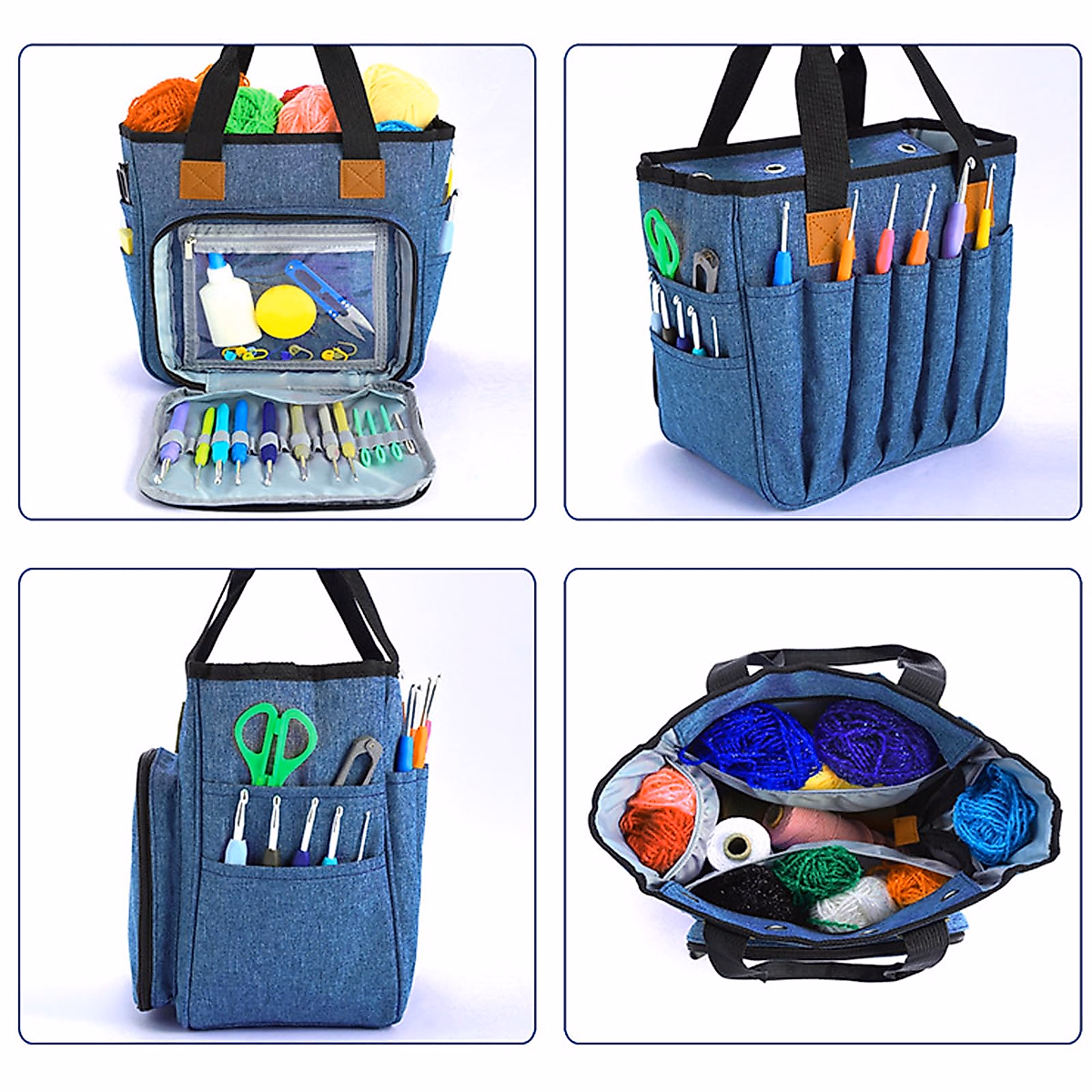 HYMIC Yarn Storage Organizer Tote Bag, Portable Storage Bag for Yarns, Tote-Large Capacity Crochet Organizer Crocheting Kit, Knitting Needles, Yarn Balls, Project & Sewing (Blue)