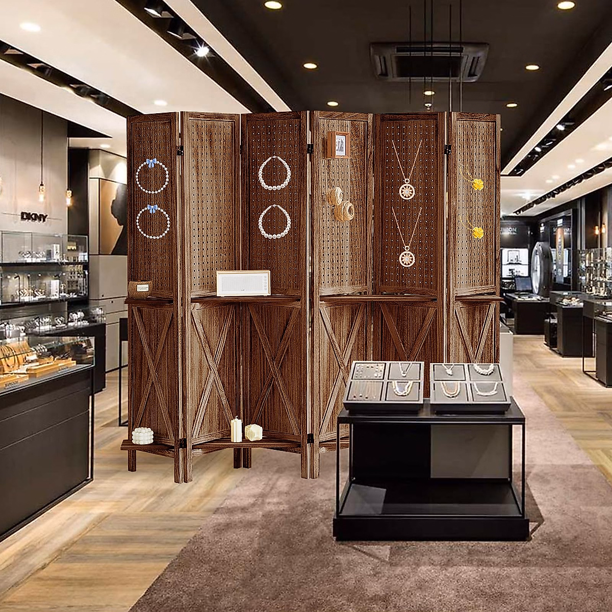 ALeesing 6 Panel Pegboard Display with 24 Hooks, Wooden Pegboard Room Divider Wall with Shelf, Rustic Room Dividers and Folding Privacy Screens, Bedroom, Jewelry Store, Brown