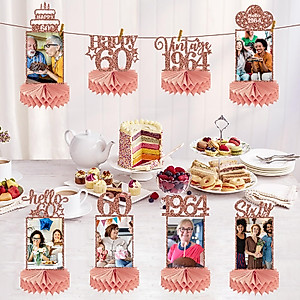 Guiruiy 8Pcs Happy 60th Birthday Decorations Honeycomb Centerpieces for Women, Pink Rose Gold Glitter Hello 60 Birthday Photo Table Centerpieces Party Supplies, Pink Sixty Bday Photo Table Topper