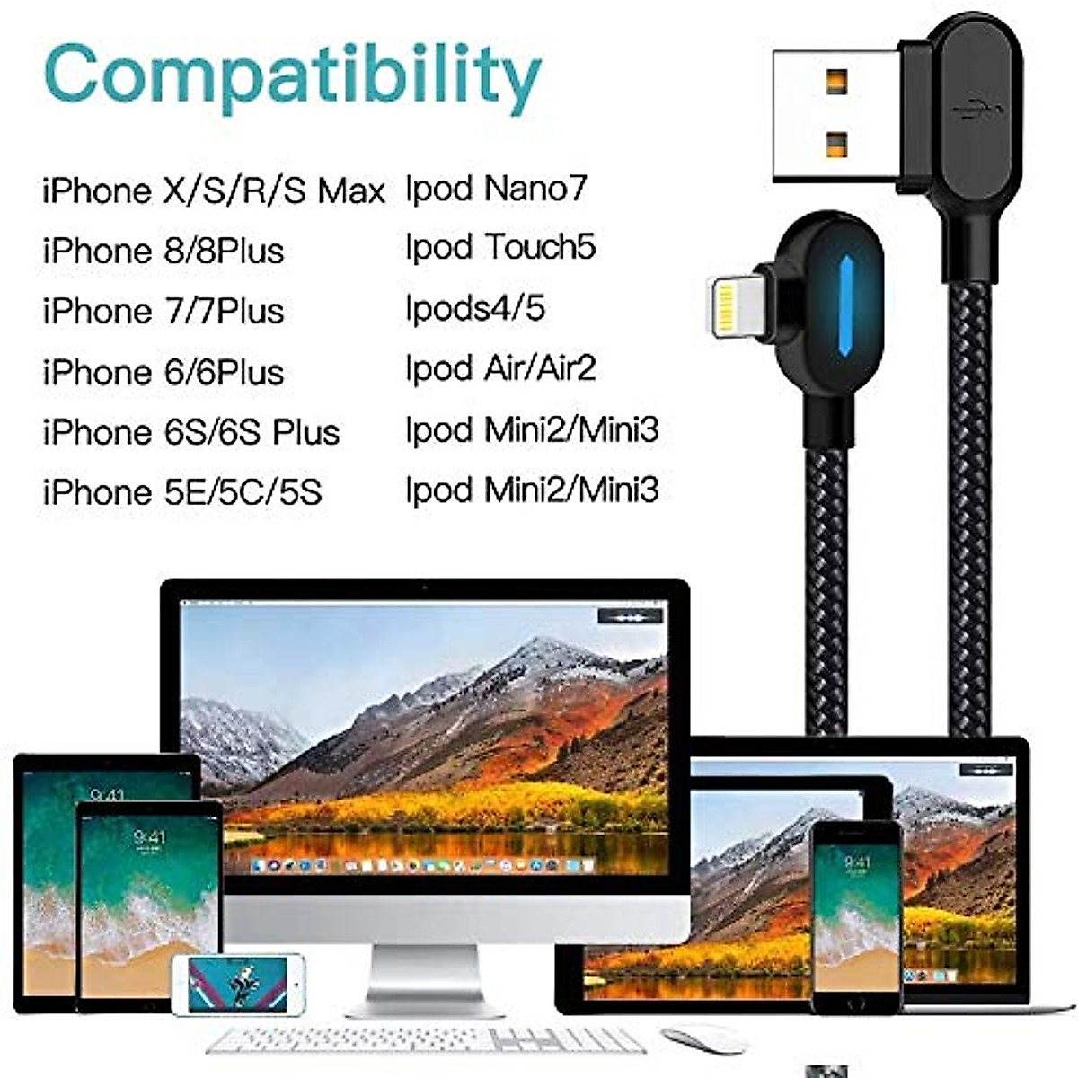 Quickeep 90 Degree iPhone Charger Cable 3 Pack 10ft Right Angle Lighning Cable with Blue LED Light Fast Charging Cable Nylon Braided Cord Compatible with iPhone 12 11 Xs MAX XR X 8 7 6s Plus (Black)