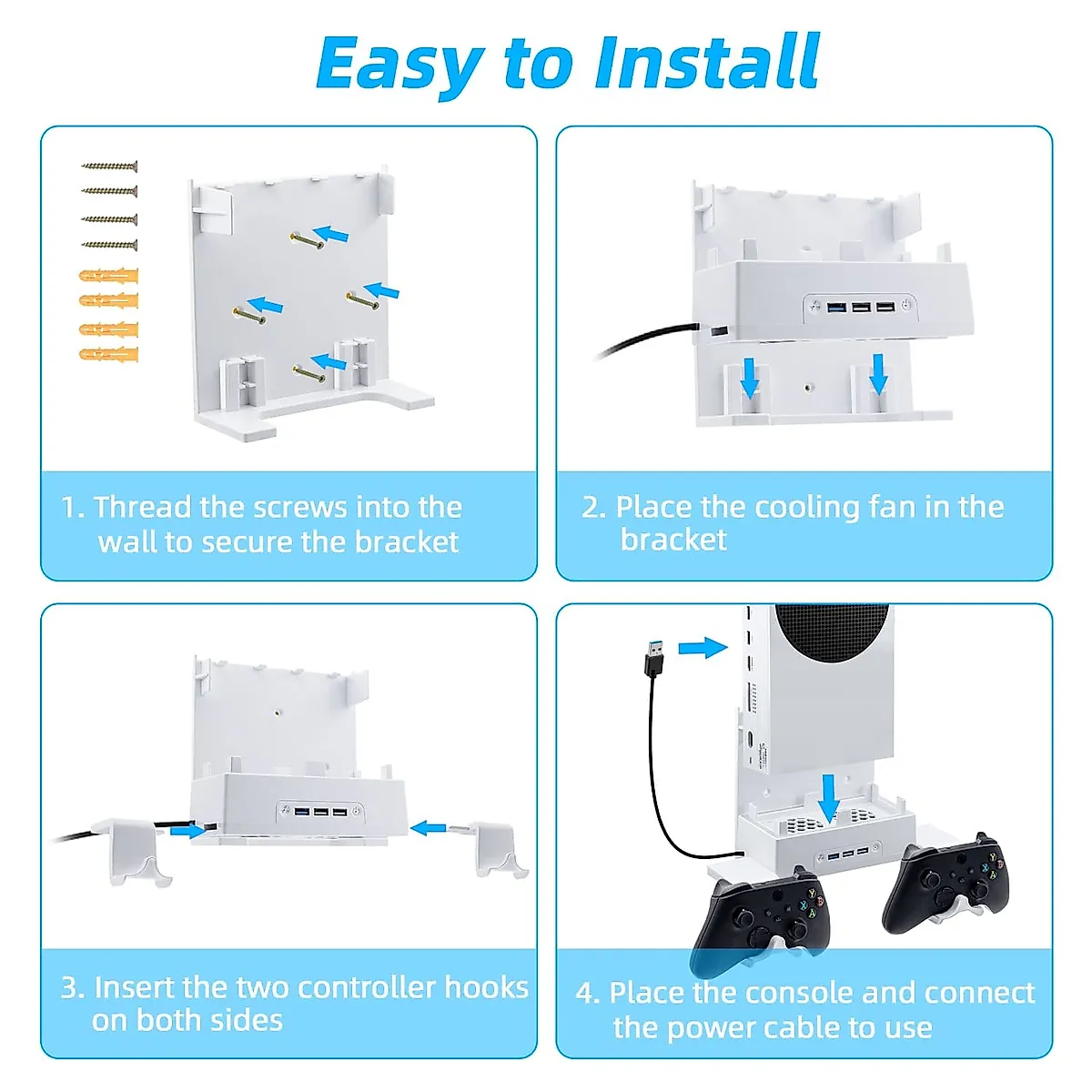 Mcbazel Wall Mount Kits with Cooling Fan for Xbox Series S, RGB Color LED Cooling System Stand with 3-Level Adjustable Speed, Extra 3 USB Port & 2 Controller Holder