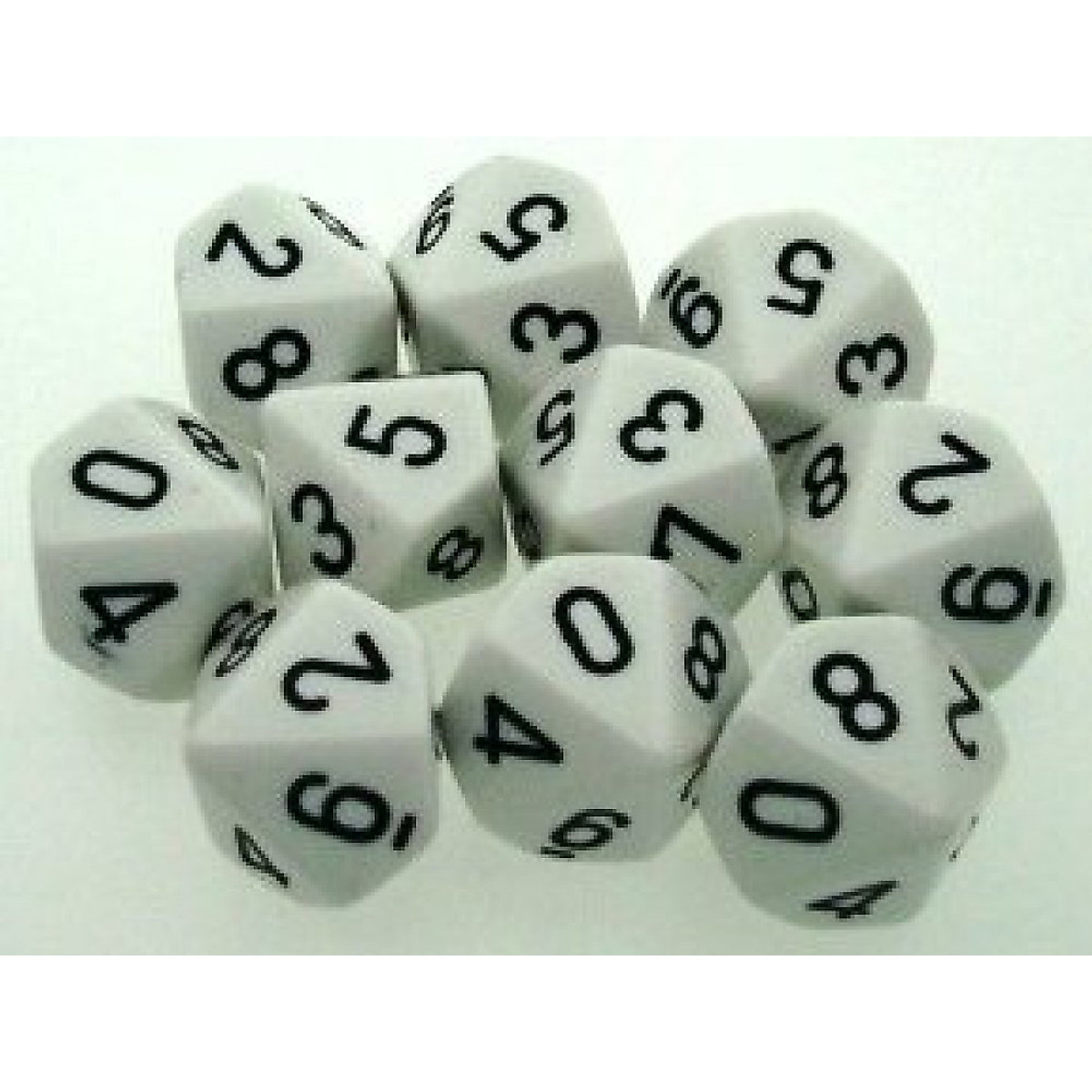 Chessex Dice Sets: Opaque White with Black - Ten Sided Die d10 Set (10)