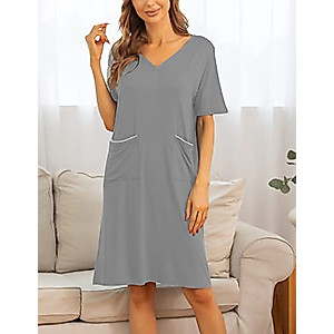 YYA Women's V Neck Nightgowns Short Sleeve Loose Sleepwear with Pocket Comfy Nightshirt Grey