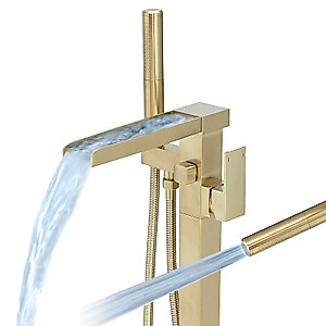 BESy Freestanding Bathtub Faucet Waterfall Tub Filler Brushed Gold Floor Mount Brass Single Handle Bathroom Tub Faucets with 2 Function Hand Shower Wand