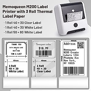 Memoqueen Label Maker Machine with 3 Roll Labels M200 Portable Label Makers, Upgrade 3 Inch Bluetooth Thermal Barcode Label Printer for Small Business/Home Use, for Retail, Logo, Labeling, Name, White
