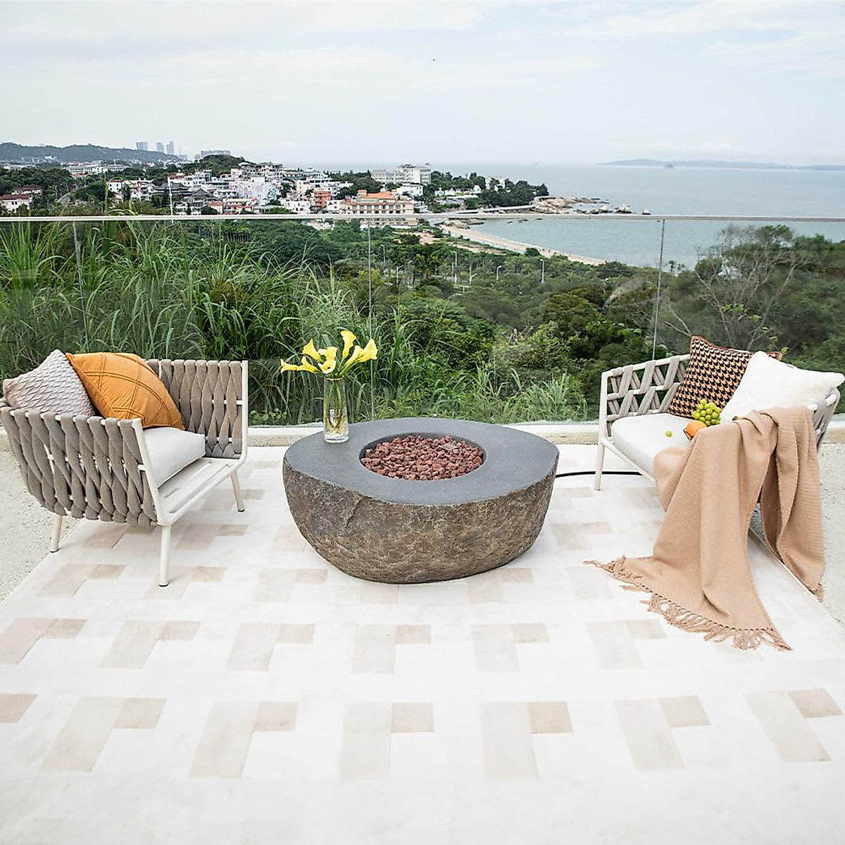 Boulder Concrete Fire Pit 43" x 35" Outdoor Patio Natural Gas Firepit Includes Lava Rocks Modern Fire Pits & Outdoor Fireplaces for Garden, Deck, Indoor & Outdoor Heating