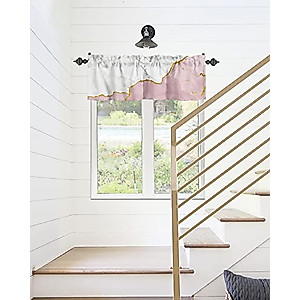 ZFUNCING Kitchen Cafe Valance Curtain for Small Windows,Natural White and Pink Wild Marble Rod Pocket Short Blackout Curtains,Gold Line Stone Texture Window Treatment for Living Room Bedroom Bathroom