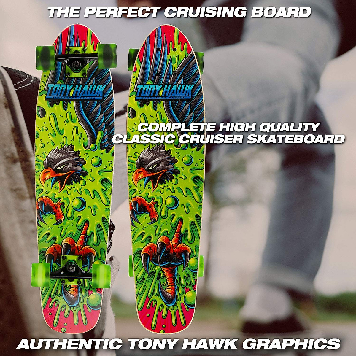 Tony Hawk 31" Complete Cruiser Skateboard, 9-ply Maple Deck Skateboard for Cruising, Carving, Tricks and Downhill, Slime Hawk
