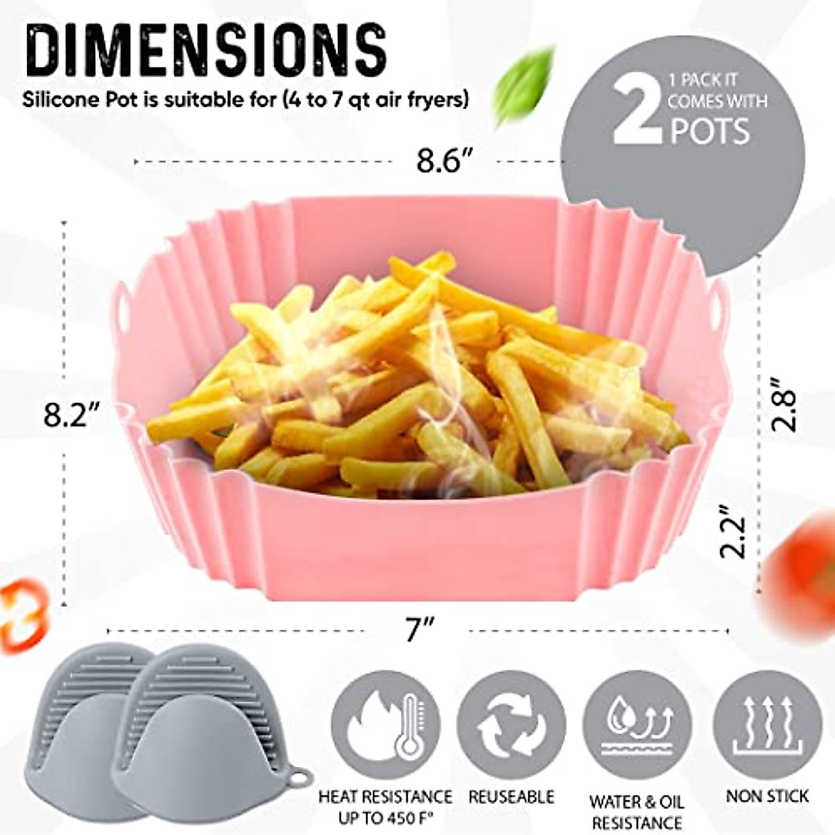 BW 2-Pack Square Silicone Air Fryer Liners 8 Inch For (4 to 7 QT) Reusable AirFryer Pot Air Fryer Inserts For Oven Microwave Accessories (Grey+Pink) + (2 Anti Heat Gloves)