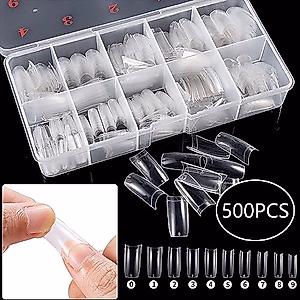 GoLashFun 500PCS French Nail Tips Half Cover,CLear Lady French Style Acrylic Half Square False Nail Art Tips 10 Sizes Artificial Fake Nails for Nail Manicure Salon
