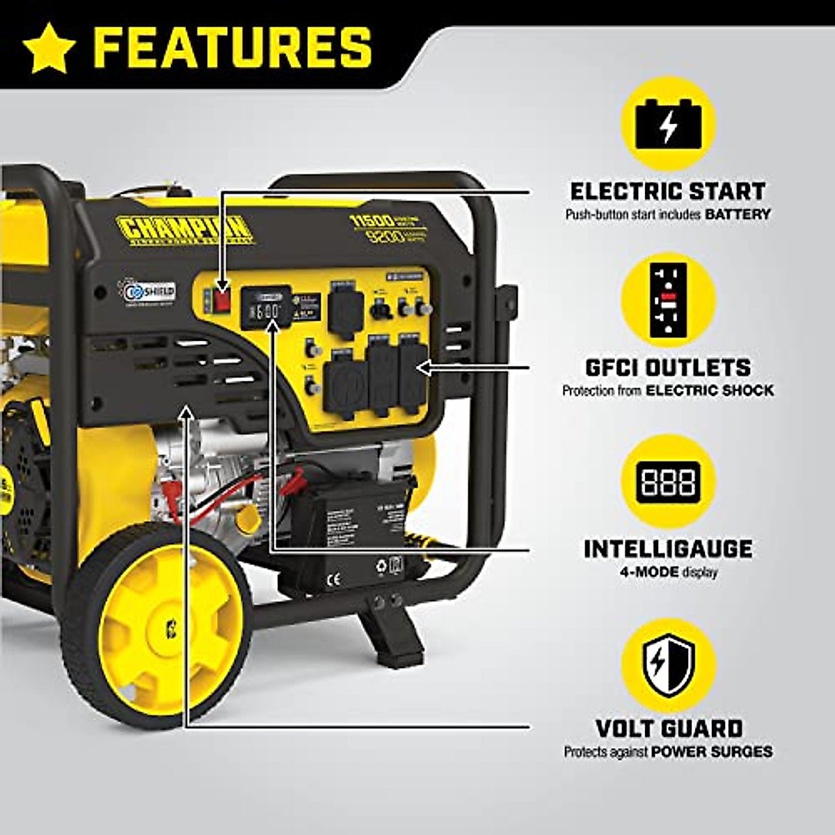 Champion Power Equipment 201110 11,500/9,200-Watt Electric Start Portable Generator with CO Shield,Yellow