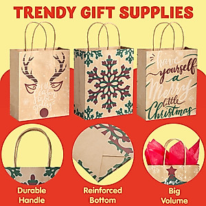 JOYIN 24 PCS Christmas Kraft Bags, Paper Gift Bags with Christmas Characters for Xmas Party Favors, Goody Gift Bags, Holiday Treat Box and Presents 7.25x9x3.5 Inch (not included tissue paper)