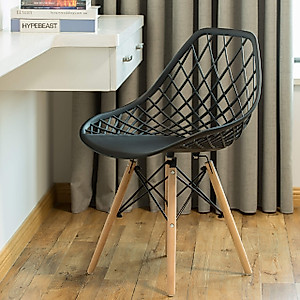 Fabulaxe Mid-Century Modern Style Plastic DSW Shell Dining Chair with Lattice Back and Wooden Dowel Eiffel Legs, Black