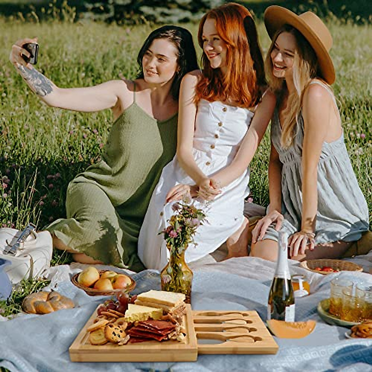 Yibidys Cheese Board Set, Charcuterie board Set, Bamboo Cheese Plate including Knife Sets, Cheese Tray with Slide-Out Drawer for Home and Gift