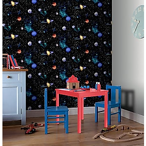 Arthouse Kids Cosmos Space Planets Charcoal Gray Wallpaper - Twinkling Stars on a Midnight Background with Green Accents - Amazing 3D Effect - Ideal for Teenager Bedroom - 668100