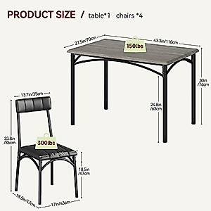 IDEALHOUSE Kitchen Table Set with Chairs, Dining Table Set for 4, Metal and Wood Rectangular Dining Room Table Set with 4 Upholstered Chairs, 5 Piece Dining Set for Small Space, Apartment, Rustic Grey